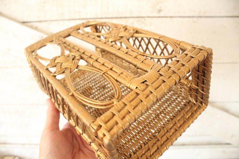 Vintage Wicker Tissue Box Cover - 1970s Gold Wicker and Rattan Tissue ...