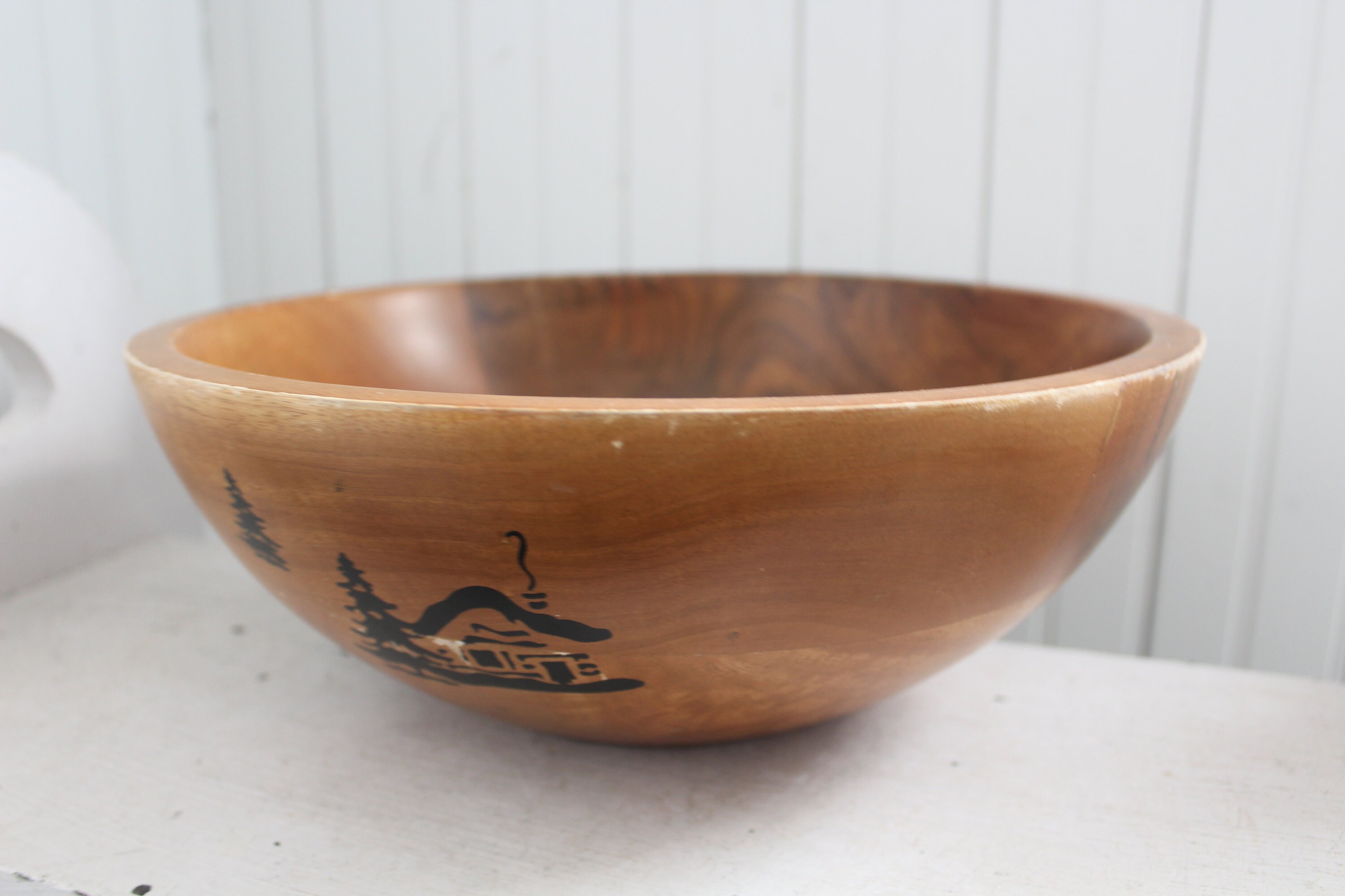 Vintage Rustic Turned Wooden Bowl - Wood Bowl Features Cabin, Trees on ...