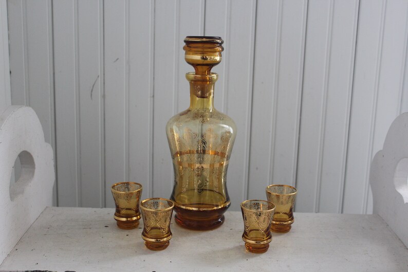Vintage Venetian Amber Decanter With Four Glasses Hand Blown | Etsy