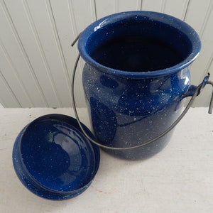 Blue Enamelware Milk Cream Can With Wire Handle - Small Blue Speckled ...