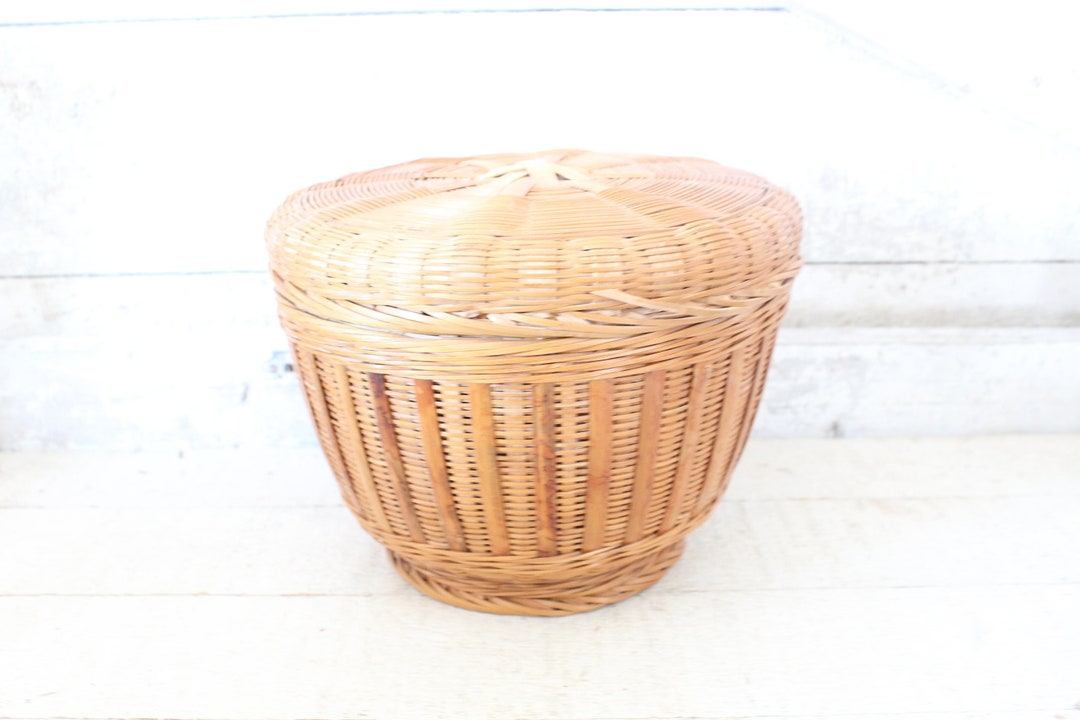 Vintage Covered Round Storage Basket - Country, Cottage, Farmhouse ...