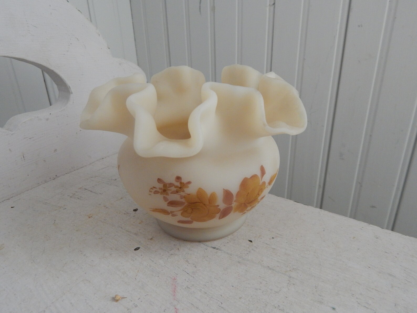 Fenton Custard Glass Ruffled Vase With Hand Painted Flowers - Etsy