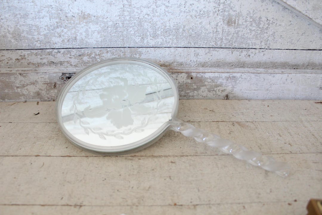 1960s Lucite Hand Mirror With Twisted Handle - Etched Glass Hand Mirror ...