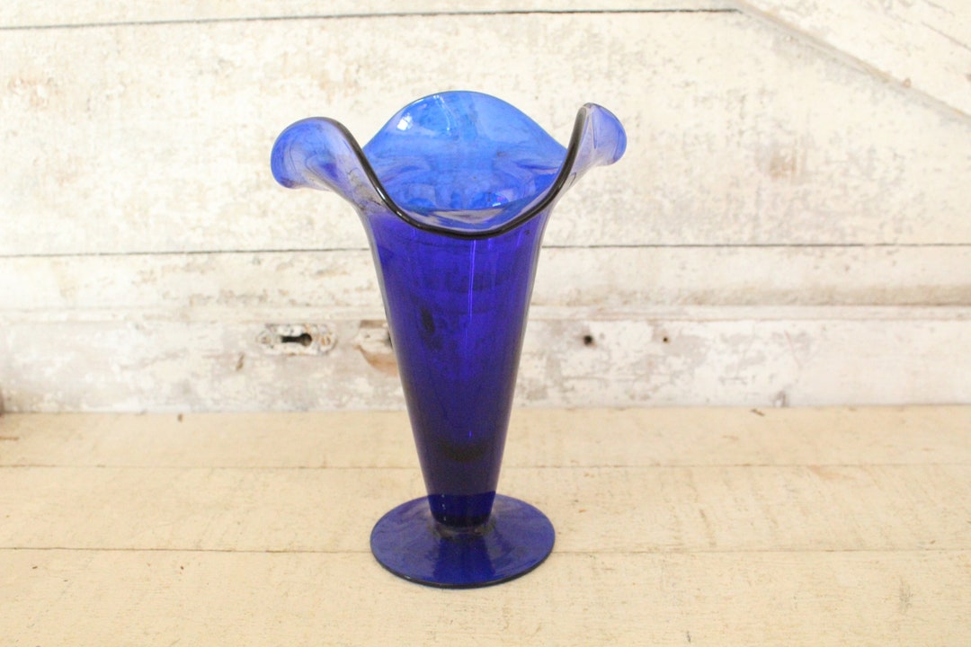 Vintage Cobalt Blue Art Glass Vase - Art Glass Vase - Royal Blue Glass ...