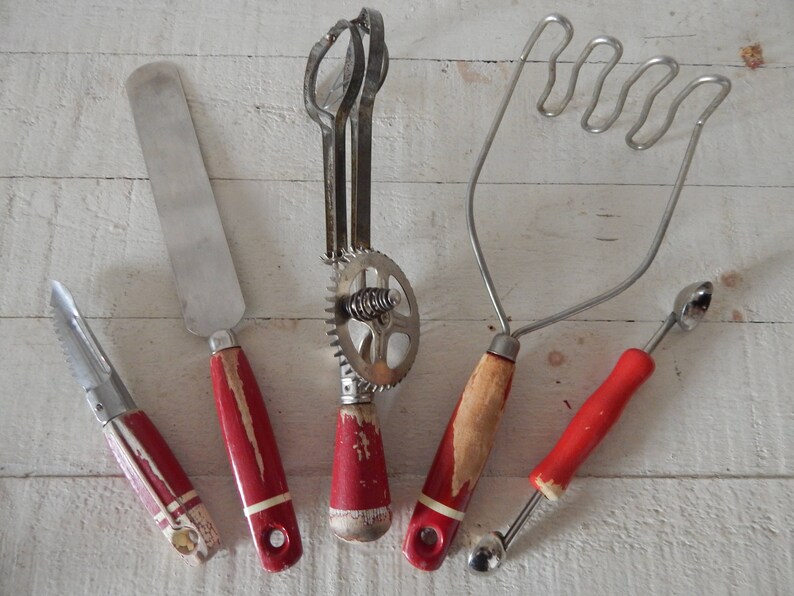 Red Wood Handled Kitchen Utensils Vintage Red Handled - Etsy UK