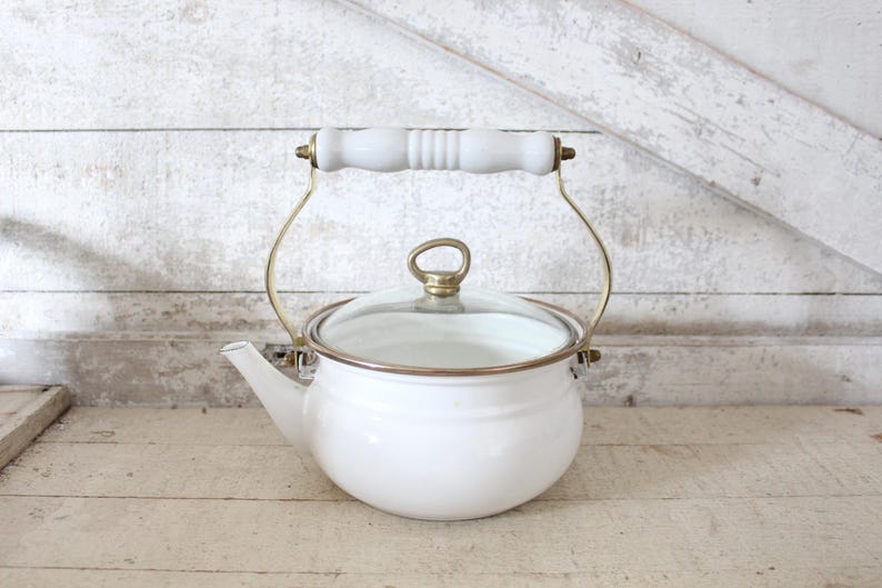 Vintage 1970s White Enamel Tea Kettle W/ Glass Top, Ceramic Handle ...