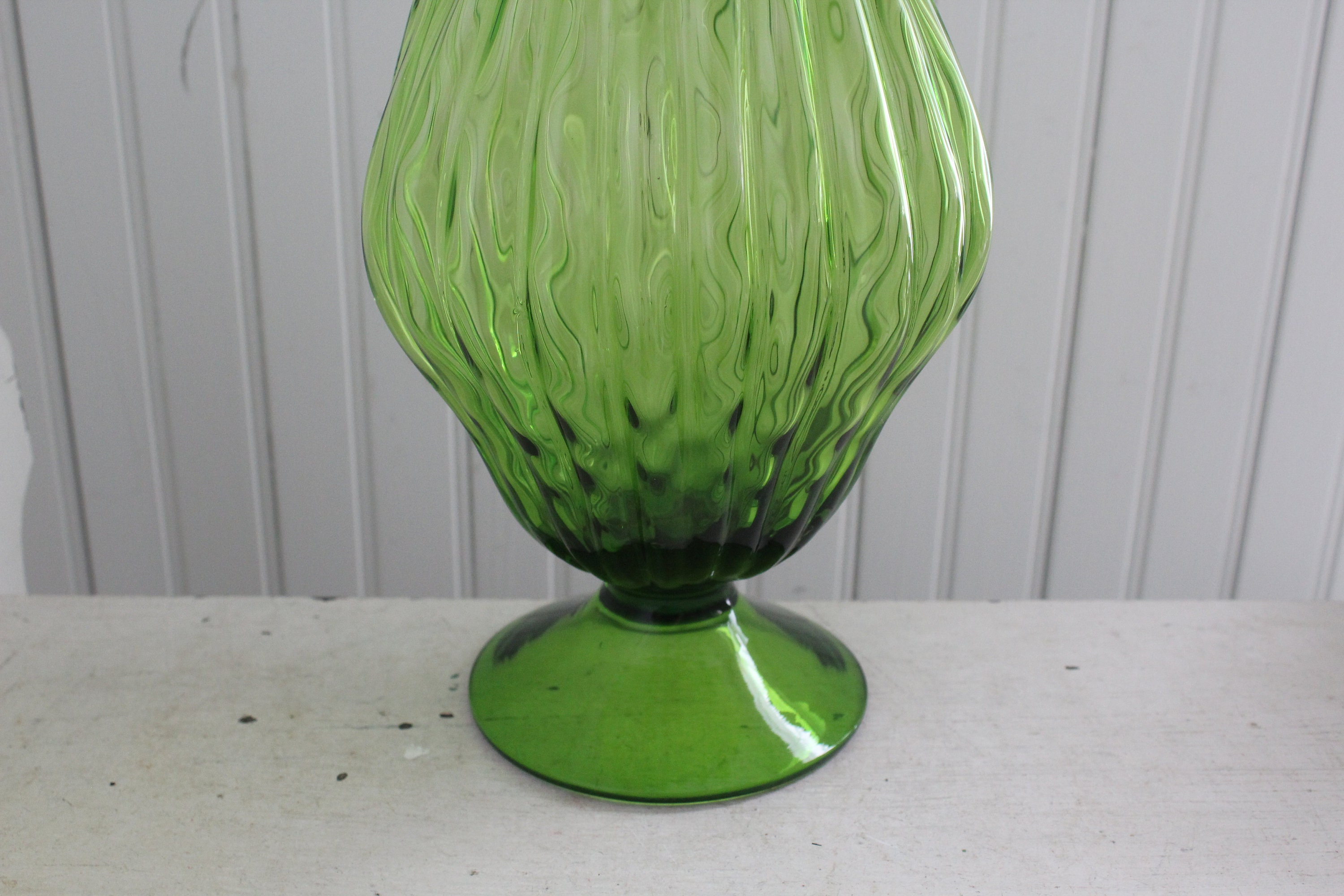 Vintage Ribbed Spring Green Tall Glass Pedestal Compote - Mid Century ...