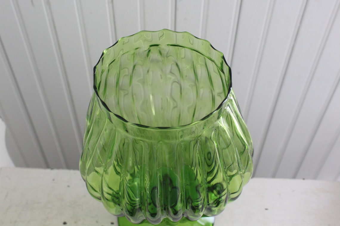 Vintage Ribbed Spring Green Tall Glass Pedestal Compote - Mid Century ...