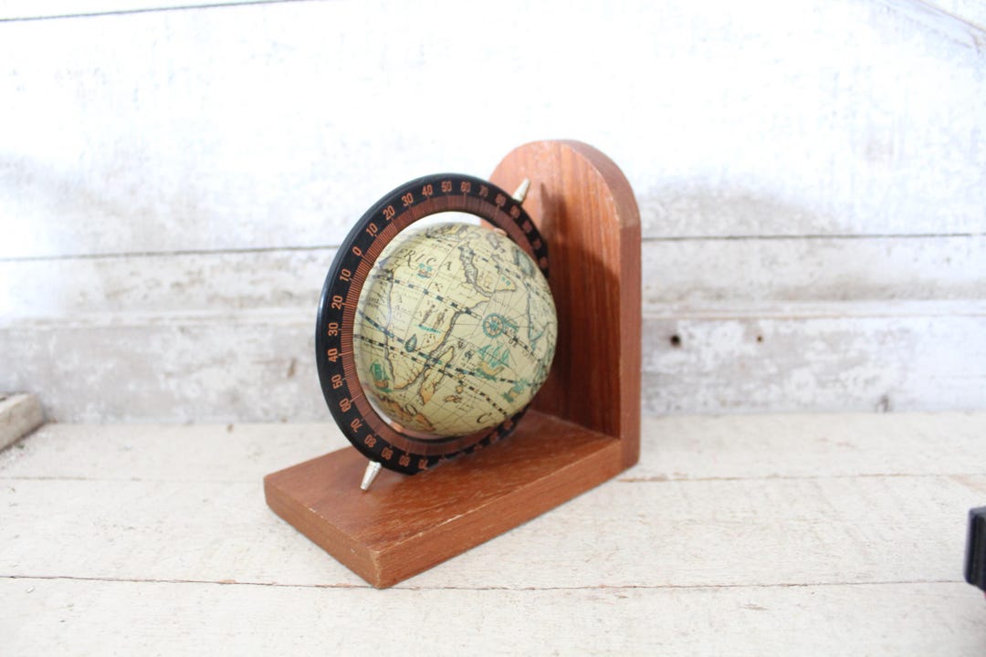 Vintage Old English Library Globe Bookend - Rustic Wood Bookend With ...