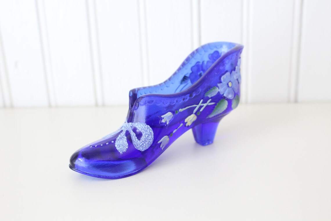 Vintage 1970s Fenton Blue Glass Shoe - Hand Painted Signed by Artist ...