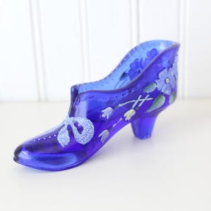 Vintage 1970s Fenton Blue Glass Shoe - Hand Painted Signed by Artist ...