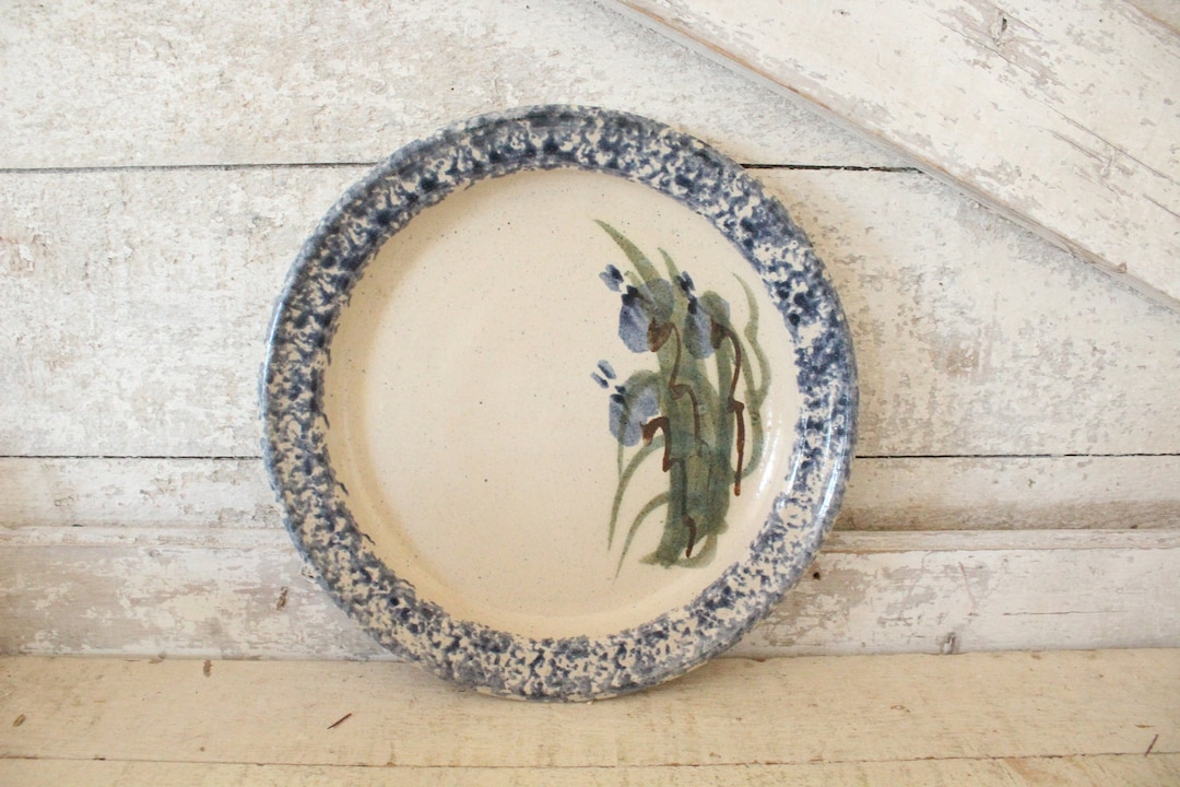 Vintage Studio Pottery Pie Plate - Hand Thrown / Signed Blue Spongeware ...