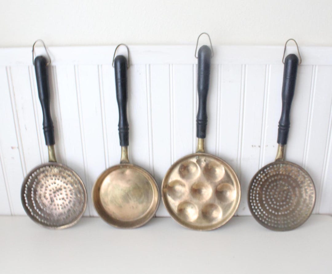 Vintage Brass Kitchen Cooking Utensils With Black Wood Handles ...