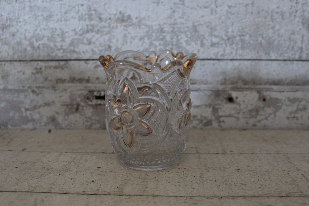 Vintage Glass Spooner Jar With Gold Accents - Pressed Glass Spooner or ...