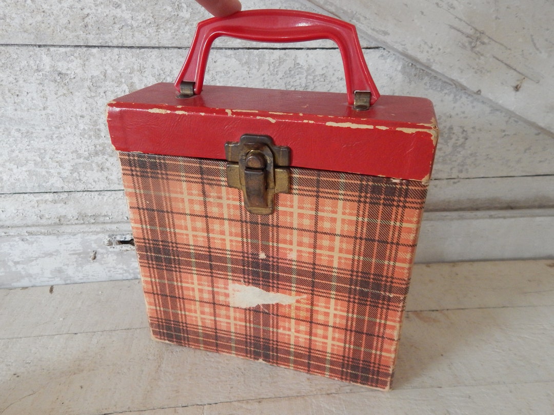 1960s Red Plaid 45-rpm Record Box and Record Collection - 1960s Red ...