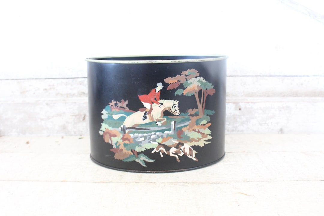 Vintage Tole Bin, Box, Holder - Hand Painted Toleware Metal Bin W/ Fox ...