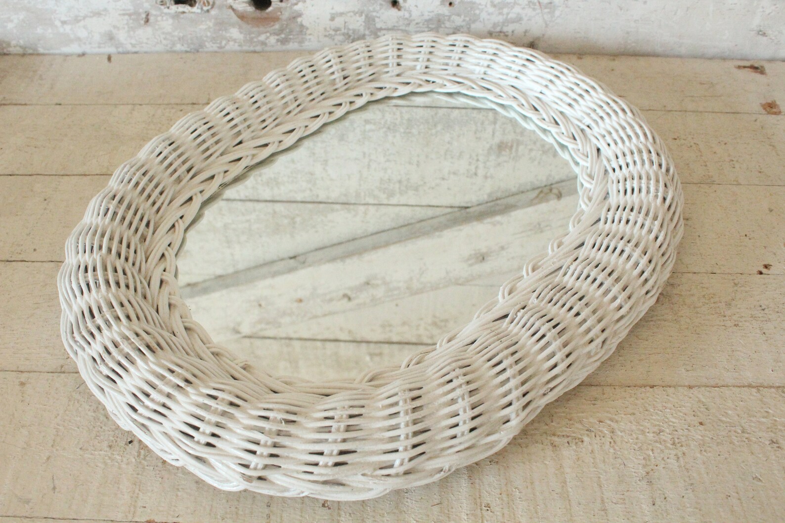 Vintage White Wicker Mirror - 1970s White Wicker Hall, Bedroom, Bath ...
