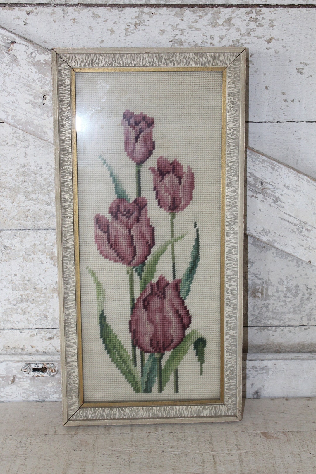 Vintage Needlepoint Tulip Fiber Art - Mid Century Framed Wool ...