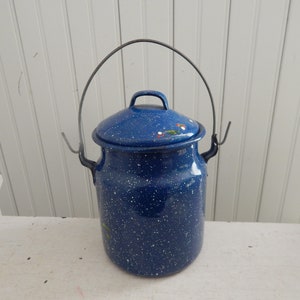 Blue Enamelware Milk Cream Can With Wire Handle - Small Blue Speckled ...