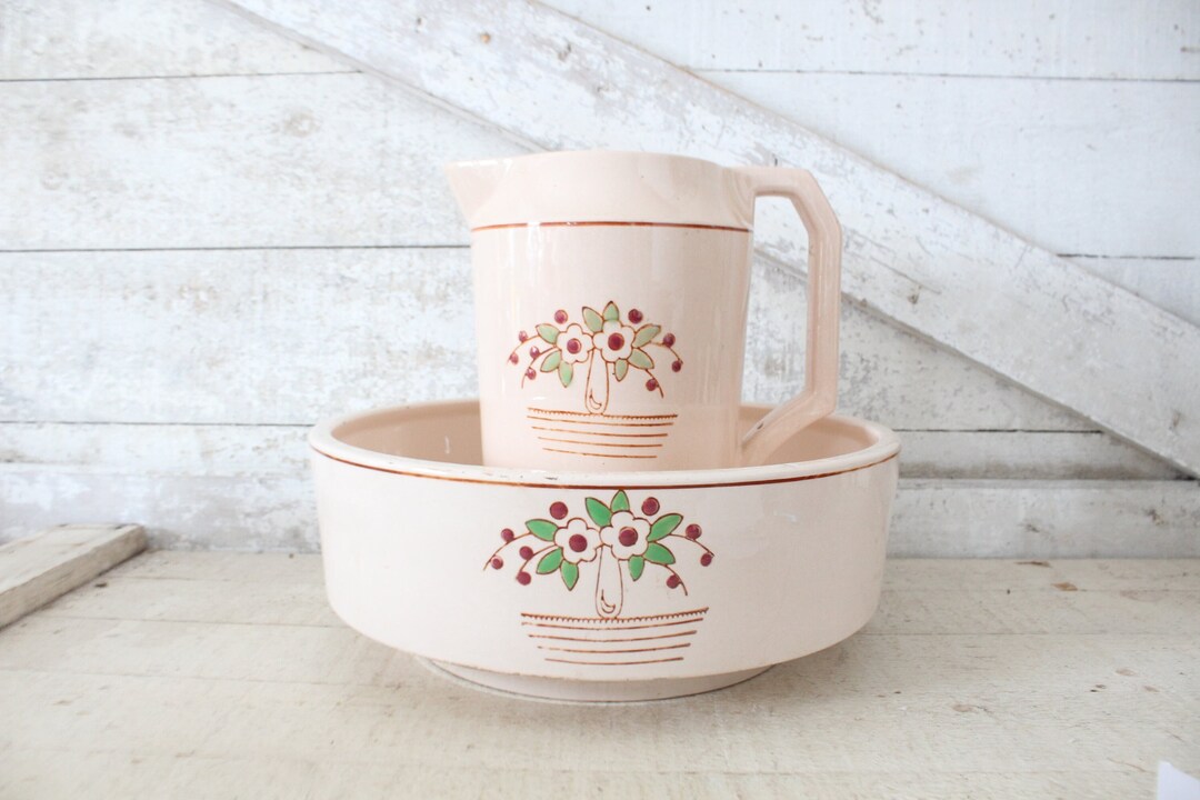 Vintage Art Deco Longwy Ironstone Wash Pitcher and Bowl Set - 1920s ...