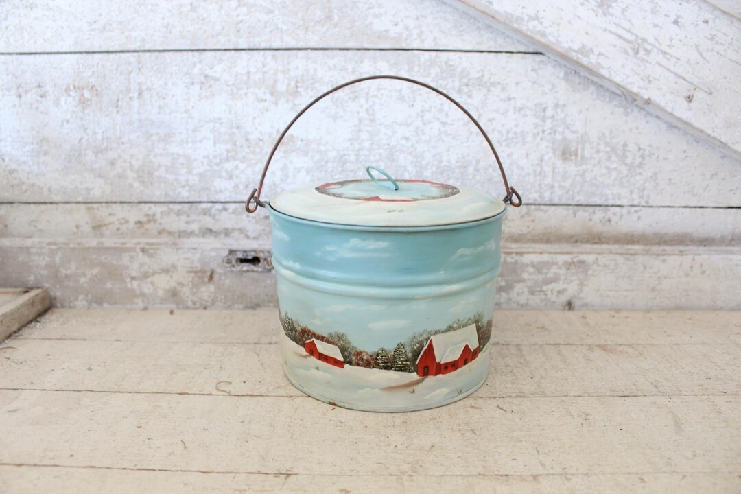 Vintage Hand Painted Tin Pail With Handle - Country Farm Painted Pail ...