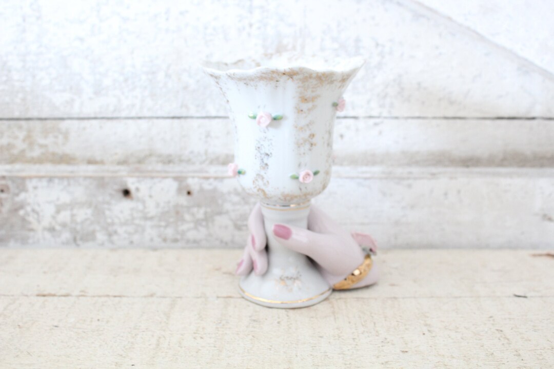 Vintage Napco Ceramic Lady's Hand Vase - Ceramic Hand Vase With Pink Roses, Gold Accent ...