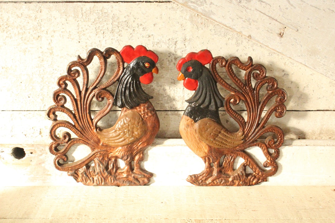Vintage Cast Metal Roosters - Mid Century Copper Rooster Wall Art ...