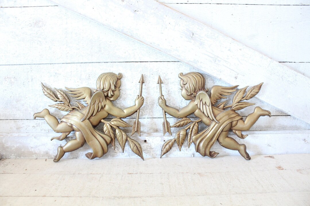 Vintage Sexton Antique Gold Metal Cherub Angel / Cupid Wall Hangings ...