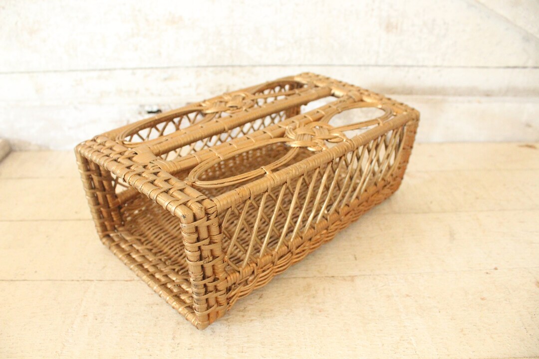 Vintage Wicker Tissue Box Cover - 1970s Gold Wicker and Rattan Tissue ...