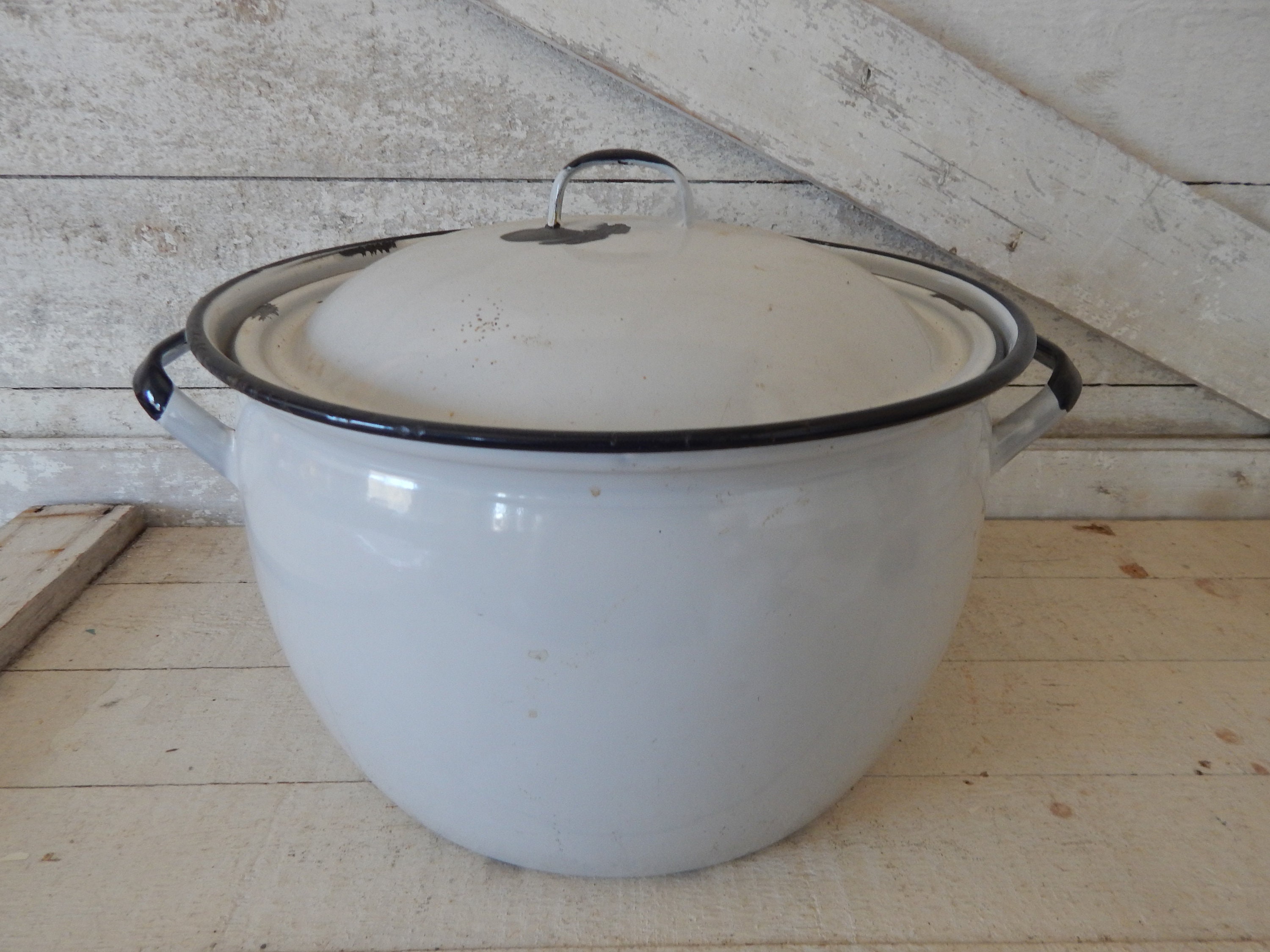 Vintage Large White Enamel Cooking Pot with Cover Country | Etsy