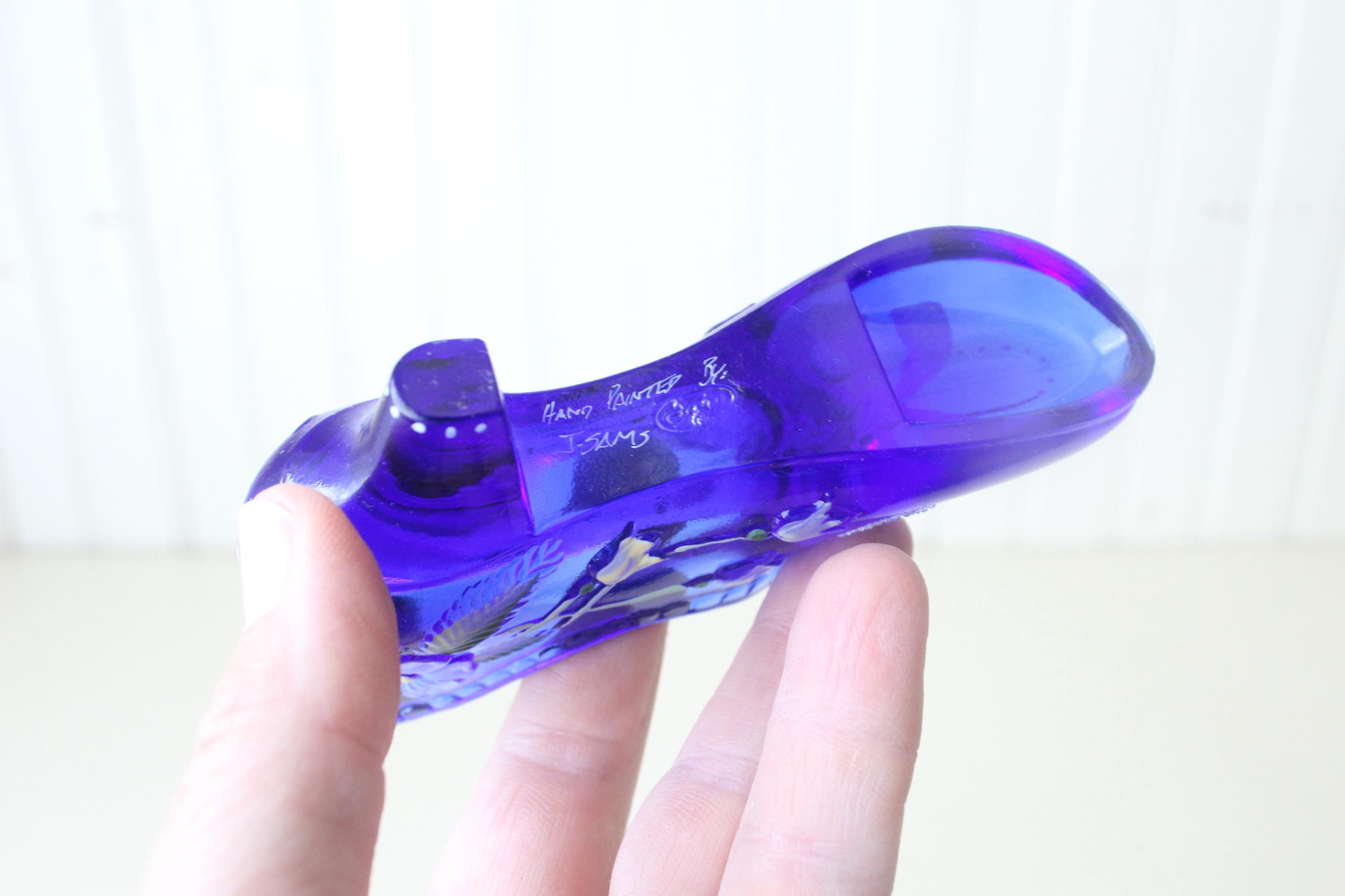 Vintage 1970s Fenton Blue Glass Shoe - Hand Painted Signed by Artist ...