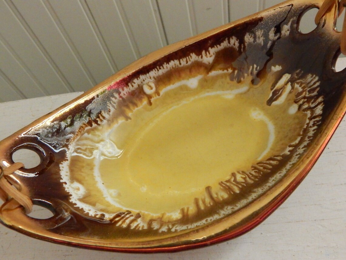 Keramik German Drip Glaze Candy Bowl Dish With Woven Rattan Handle ...