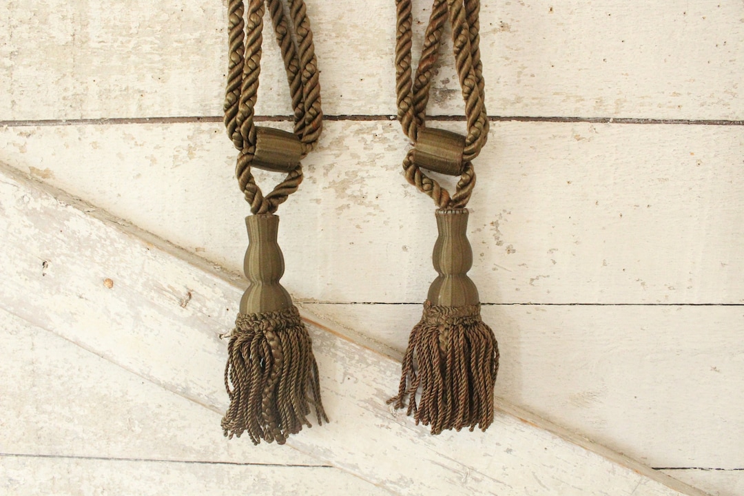 Vintage Curtain Tie-back Cords W/ Tassels - Antique Dk Army Green ...