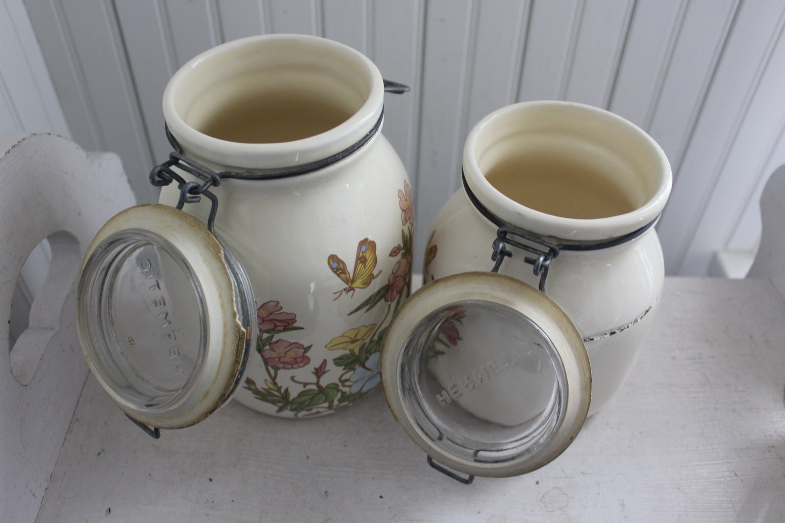 Vintage Hermetic Canister Jar Set - Ivory Canister Jar With Flowers ...