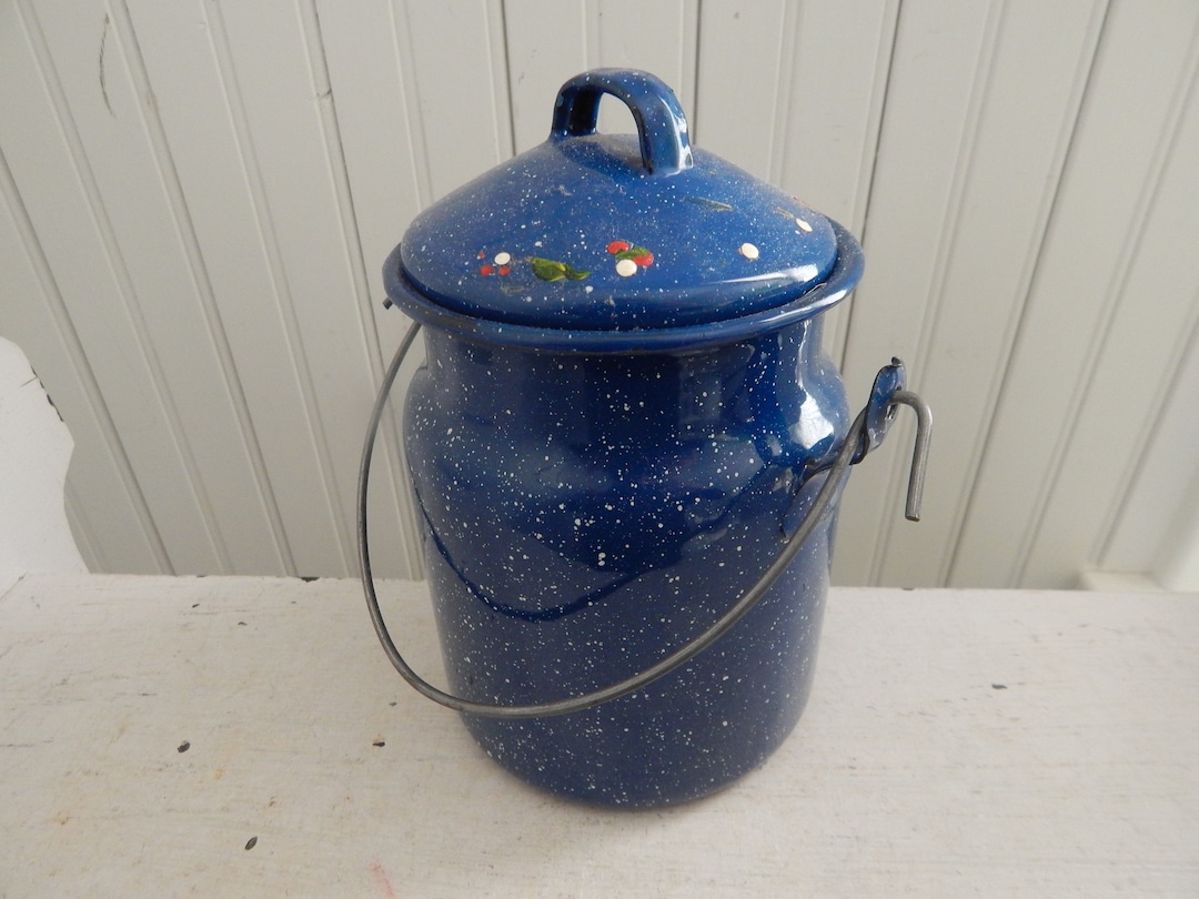 Blue Enamelware Milk Cream Can With Wire Handle - Small Blue Speckled ...