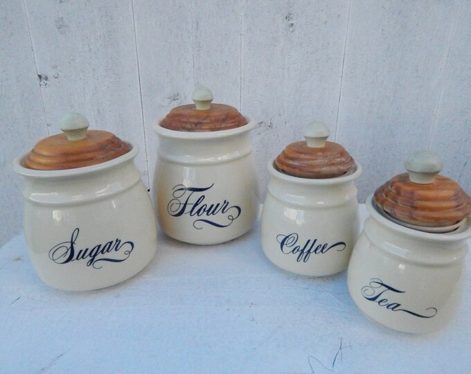 Round Ceramic Canister Set With Wooden Covers Kitchen Canisters With ...