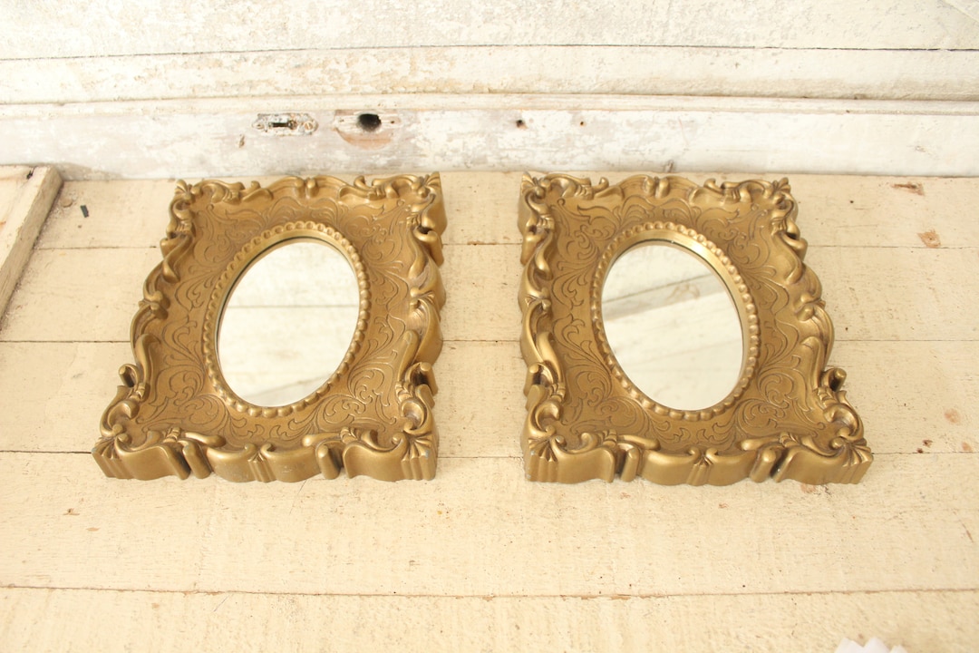 Vintage 1980s Antique Gold Gilt Framed Mirror - Pr of Faux Wood Mirrors ...