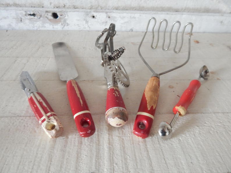 Red Wood Handled Kitchen Utensils Vintage Red Handled | Etsy