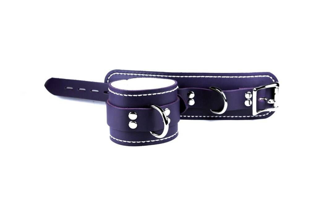 Leather Locking Cuffs - Purple With White Leather Lining - Pair of ...