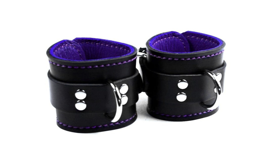 Leather Locking Cuffs - Black With Soft Purple Leather Lining - Pair of ...