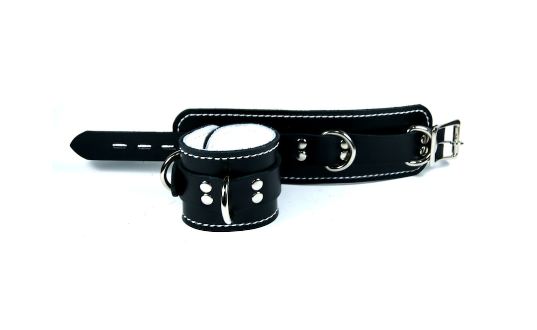 Locking Leather Cuffs - Black With White Lining - Pair of Wrist Cuffs ...