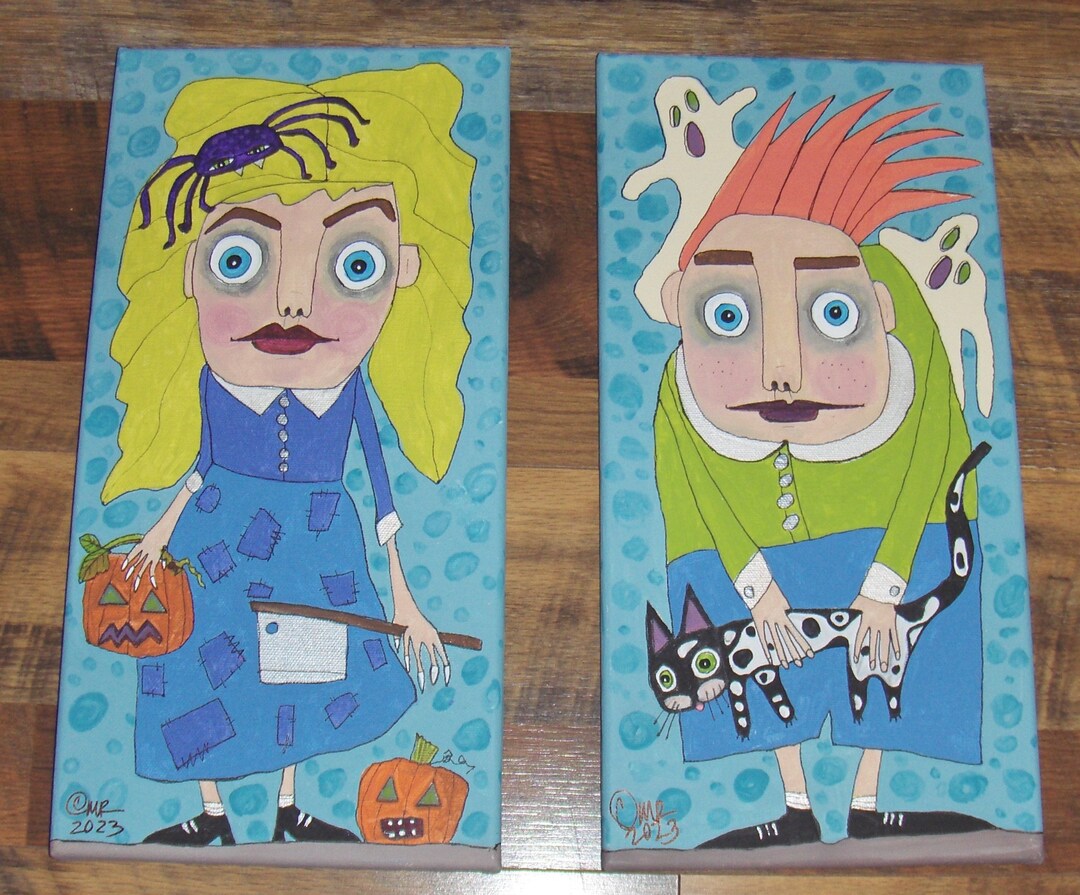 Scary Ghoul Girl and Creepy Boo Boy OOAK Halloween Folk Art Paintings ...