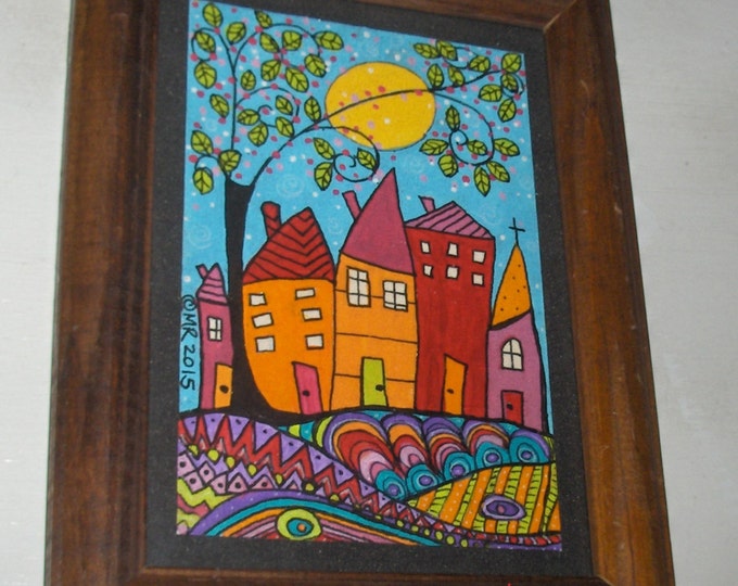Funky Landscape Row Houses Hills Tree Sun Whimsical Folk Art - Etsy