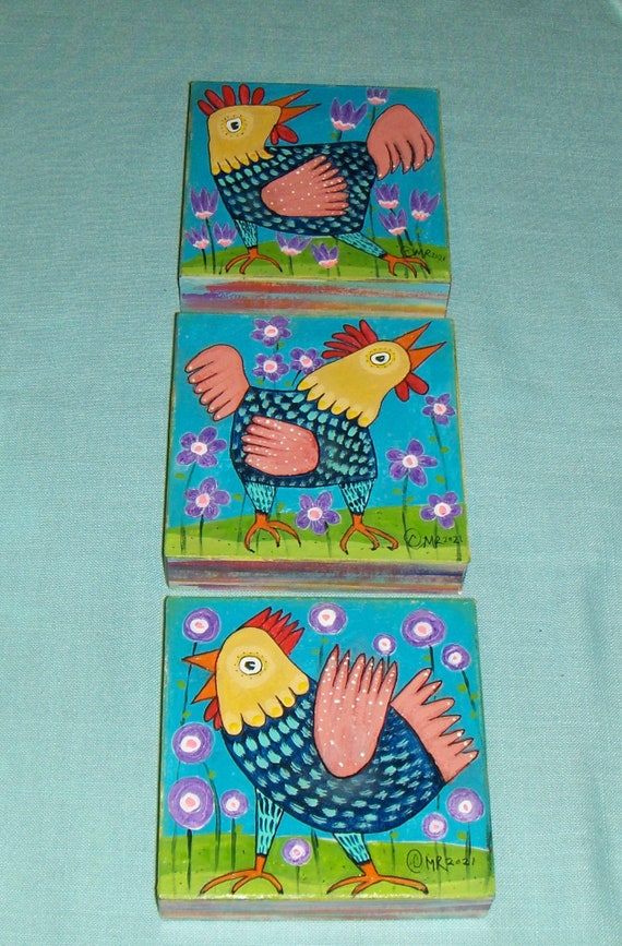 Acrylic Painting Funky Chickens dancing in the flowers set of 3 ...