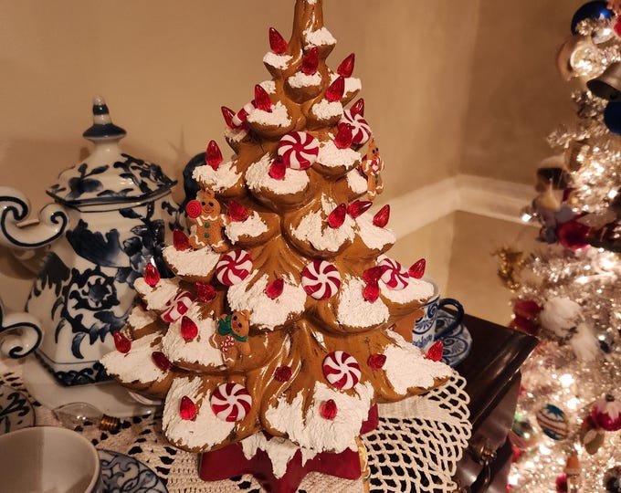 Gingerbread Ceramic Christmas Tree Red Lights Star Electric 14 ...