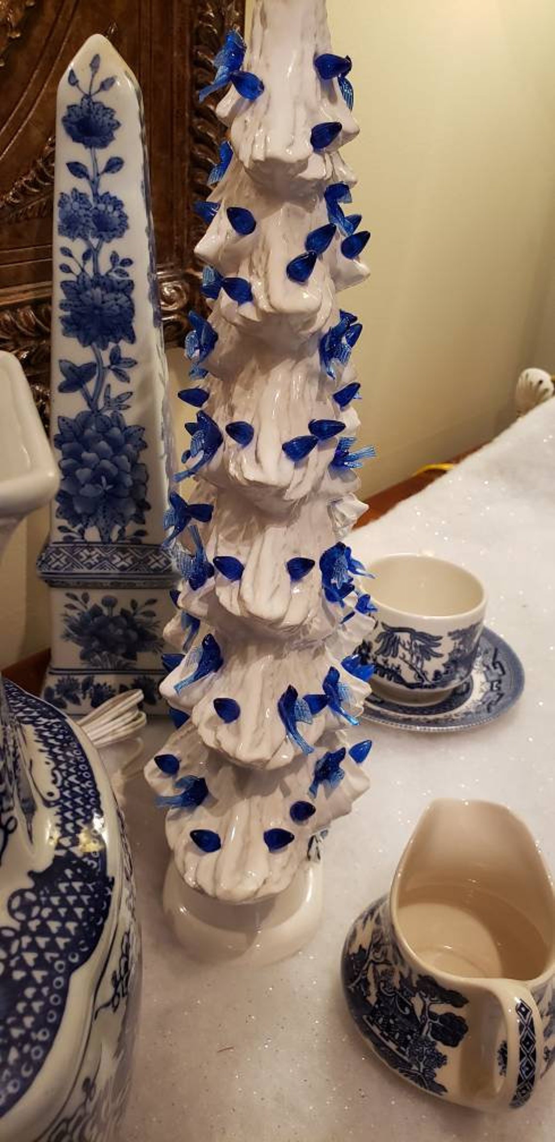 Chinoiserie Blue & White Ceramic Mantle Christmas Tree 2pc - Etsy