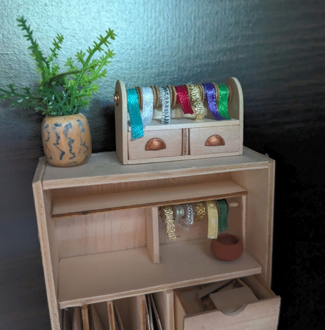 Dollhouse Miniature Wooden Ribbon Rack With Ribbons and 2 Working ...