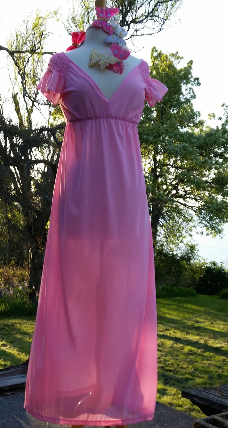 1960s PINK Negligee - Vintage Nylon Lingerie - Long Nightgown ...