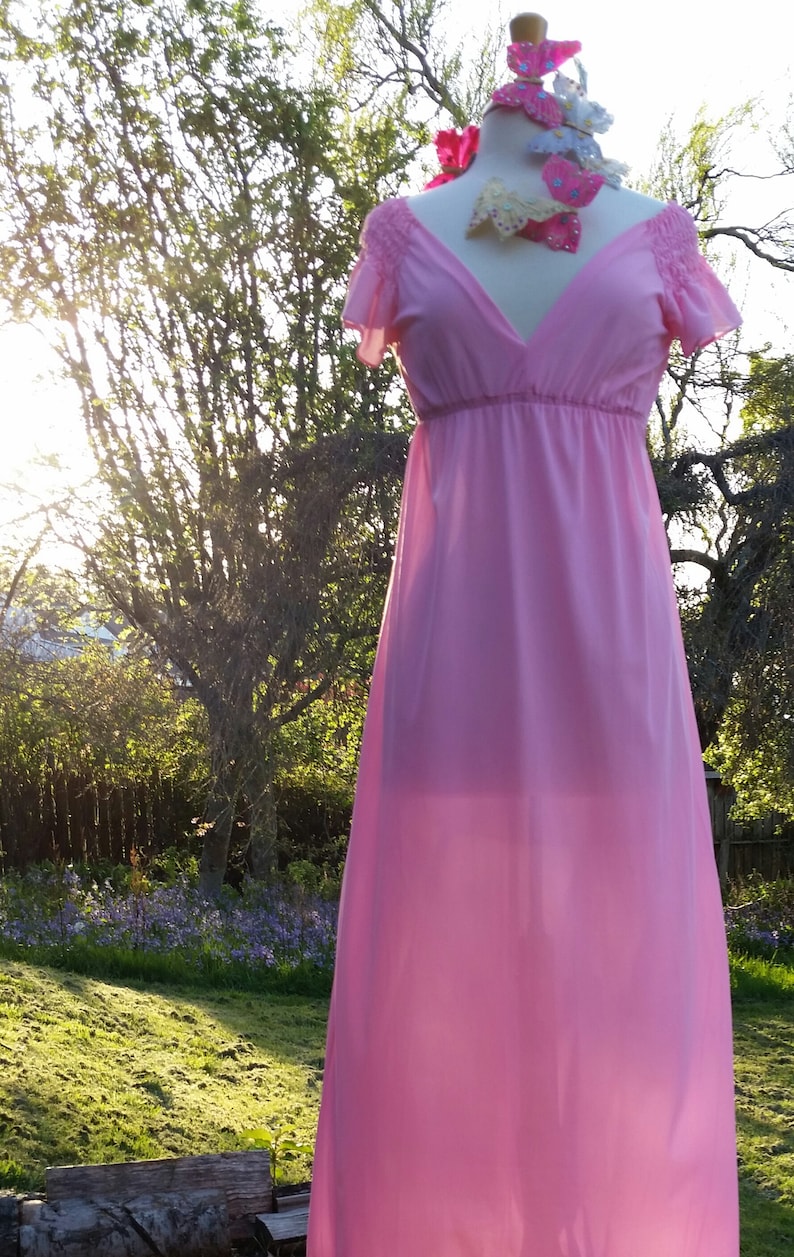 1960s PINK Negligee - Vintage Nylon Lingerie - Long Nightgown ...