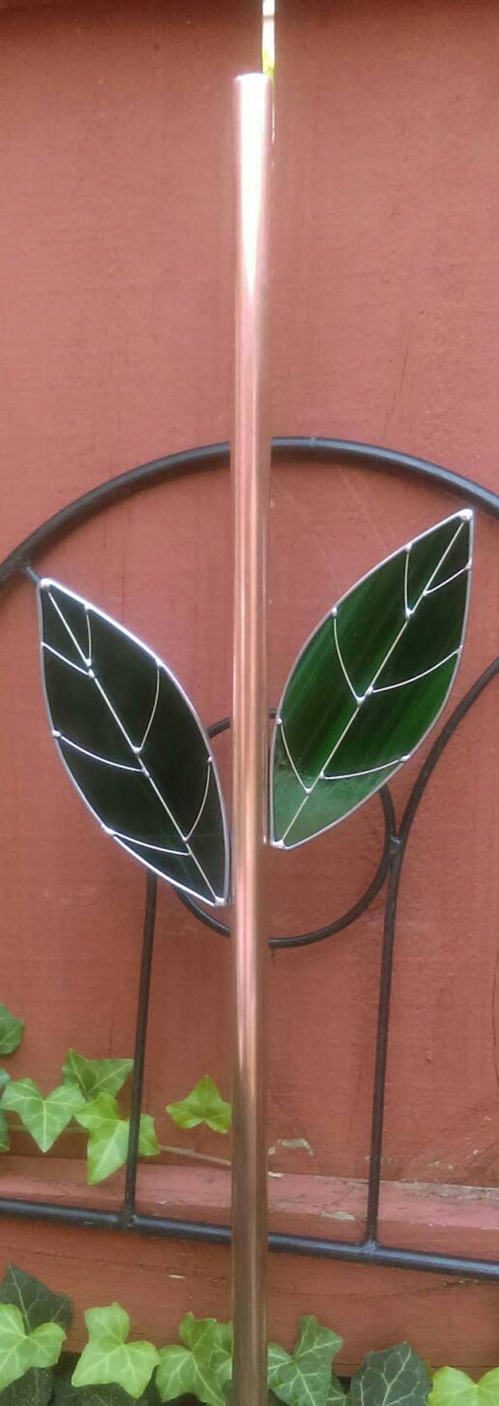 Plate Flower Copper Stem, Rebar Cover, With Two Stained Glass Leaves ...